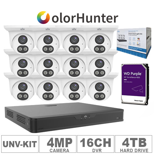 UNV EK-BQ2P16UDLT412T4, IP Kit 16ch NVR, 12pcs Turret 4MP Color Hunter ...